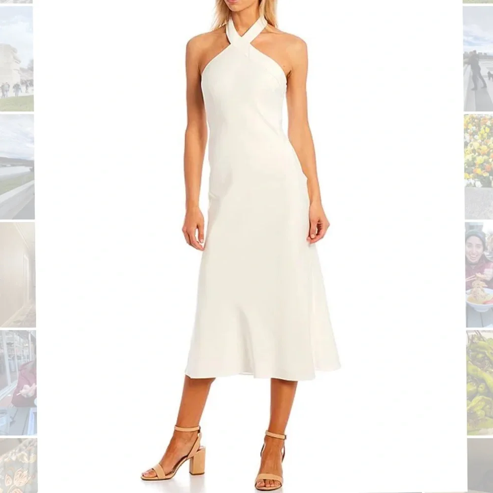 Aidan Mattox | Dresses | White Satin Midi Dress Cross Halter Neck Aidan ...